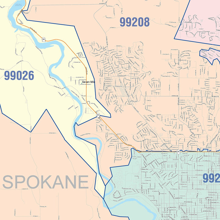 Color Cast Zip Code Style Wall Map of Spokane, WA – American Map Store