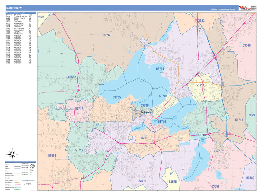 Colorcast Zip Code Style Wall Map of Madison WI – American Map Store