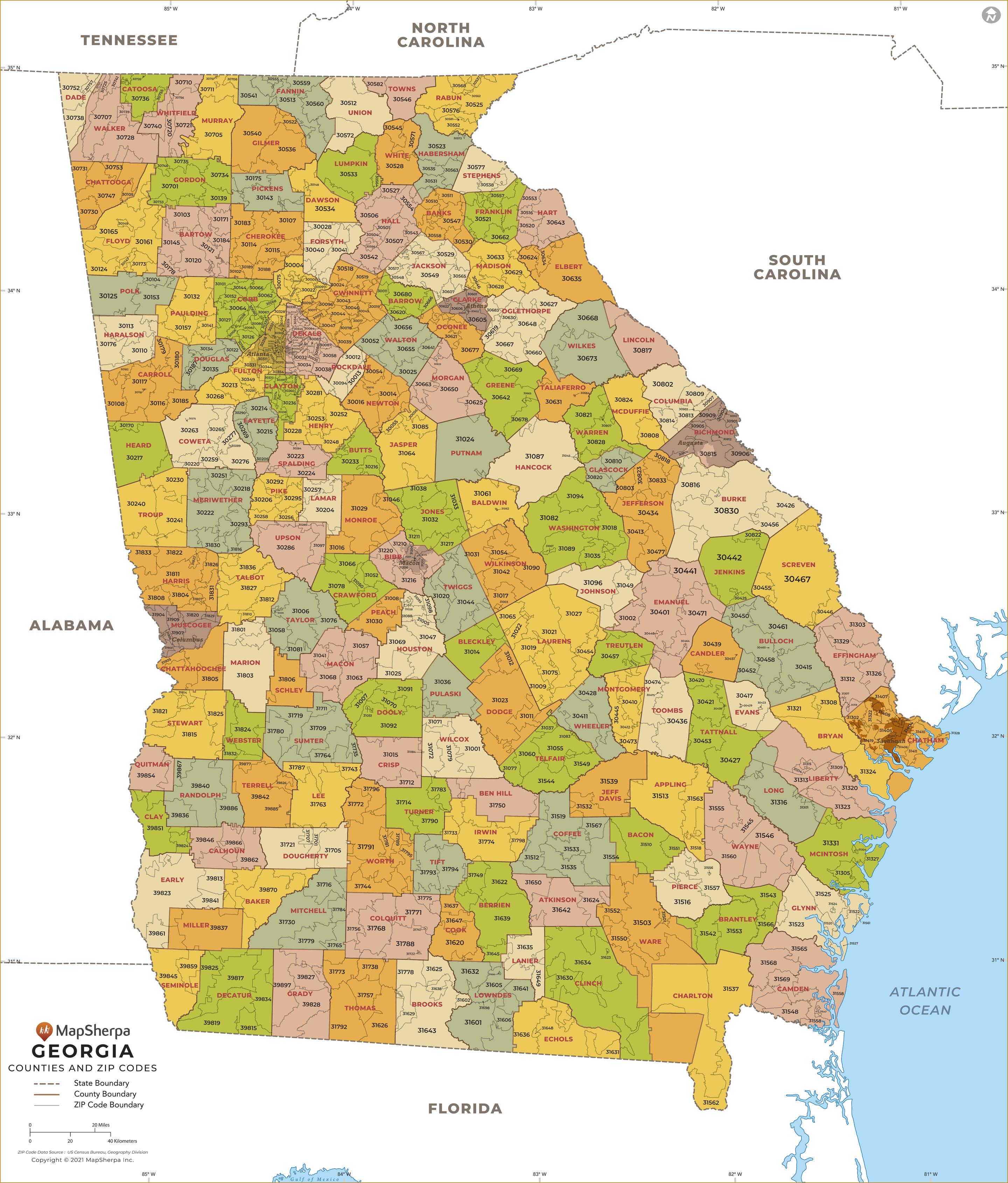 Georgia Zip Code Map with Counties – American Map Store