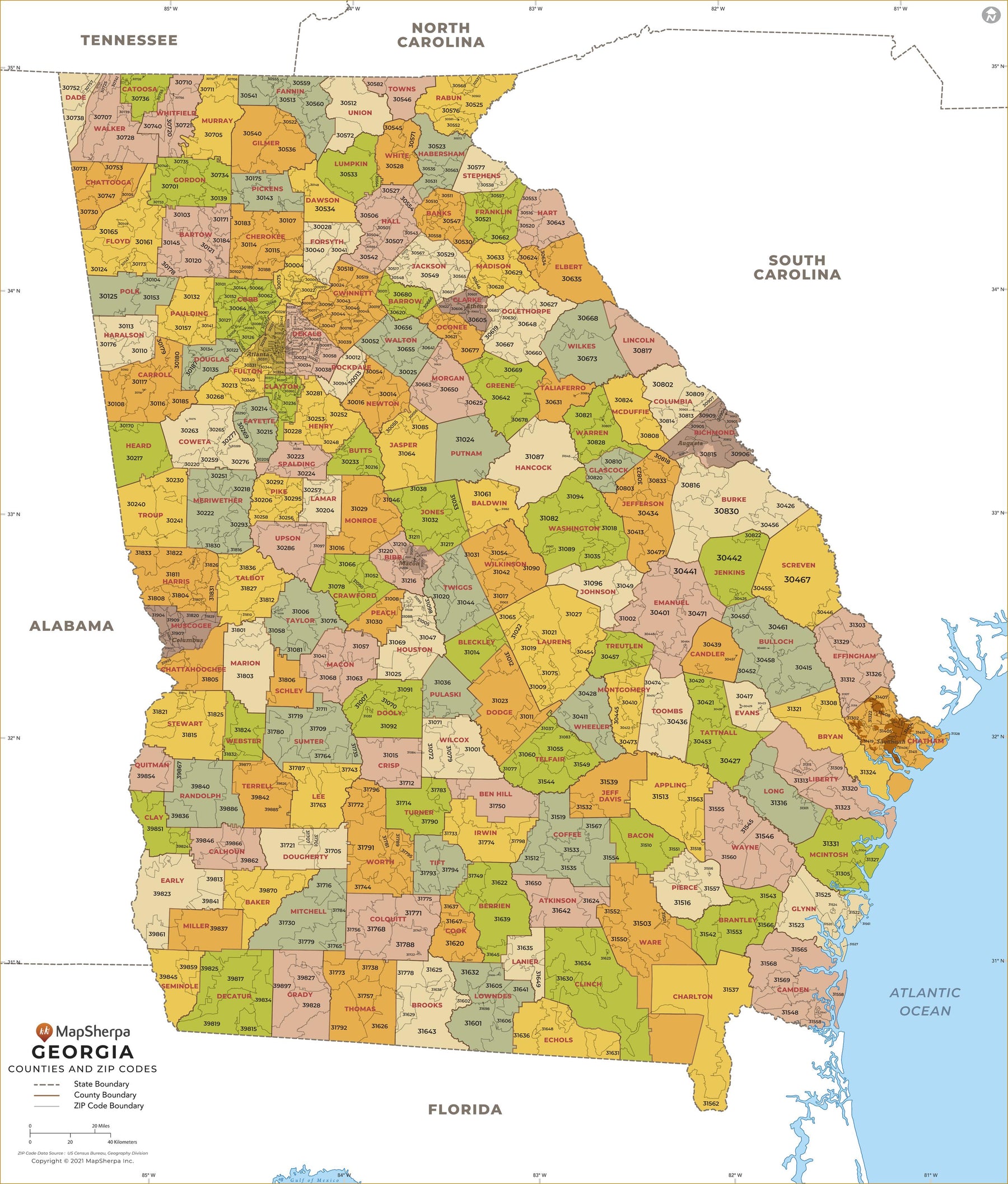 Georgia Zip Code Map with Counties – American Map Store