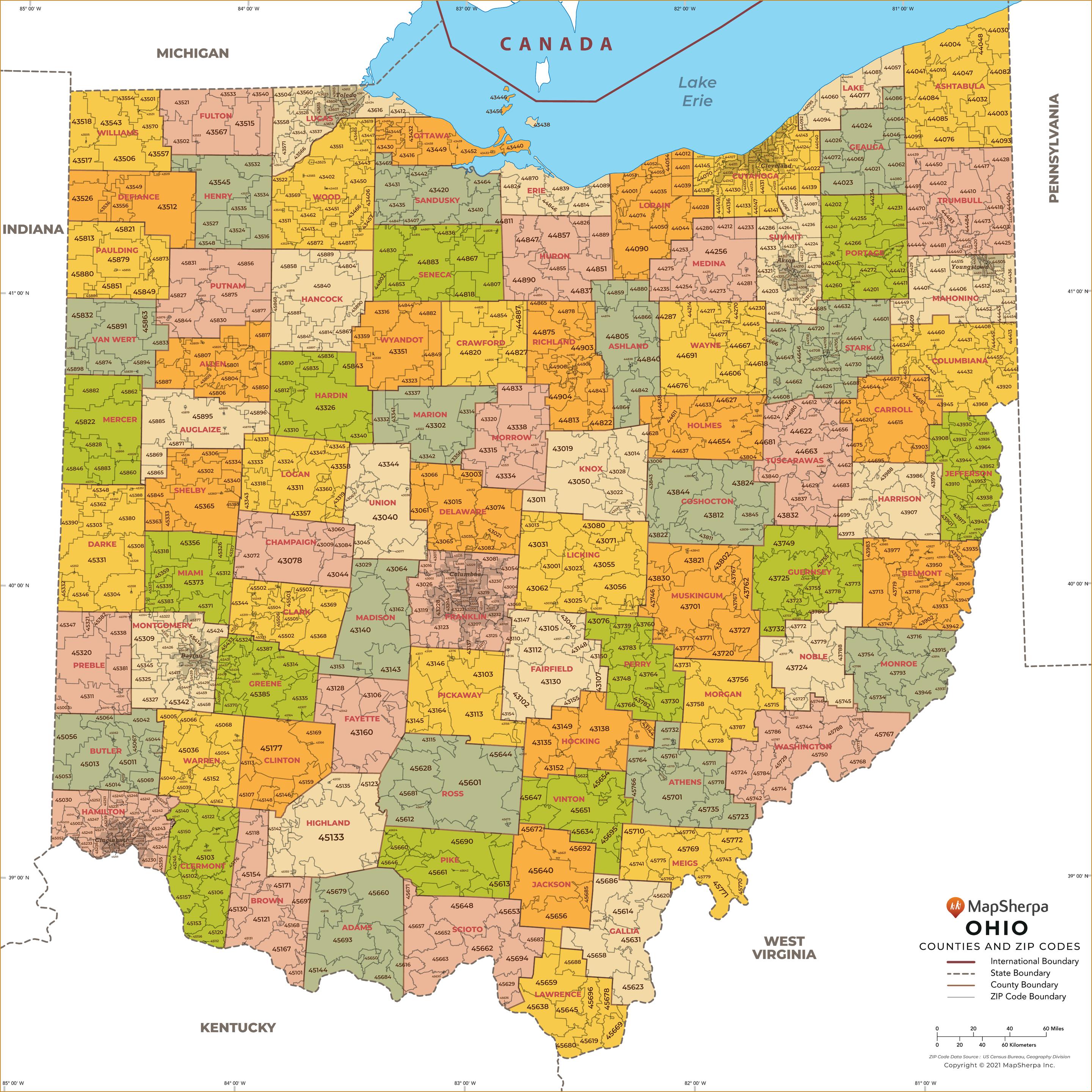 Ohio Zip Code Map with Counties – American Map Store