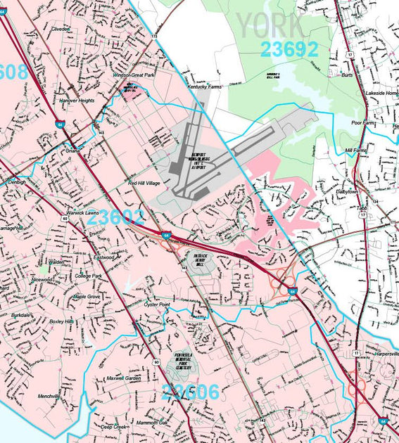 Newport News County, VA Zip Code Wall Map Red Line Style By